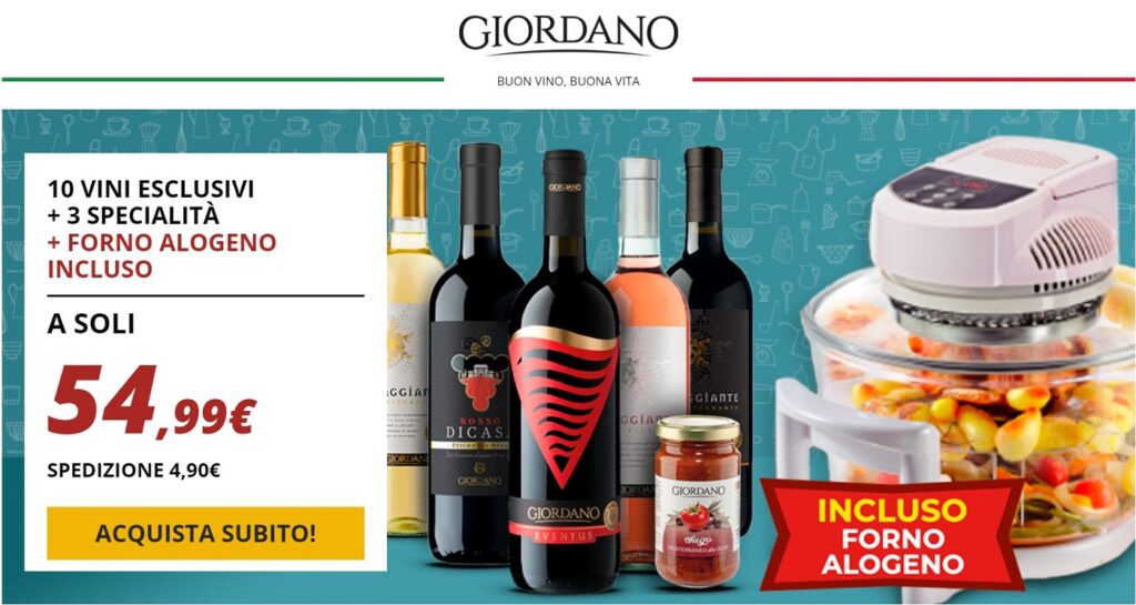 Giordano Vini: 10 vini, 3 specialità e forno alogeno incluso nel prezzo